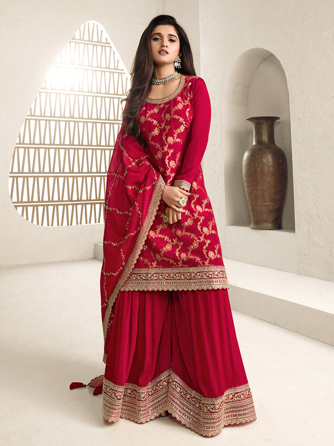 Red Bridal Sharara Suit Set with Jacquard and Embroidery – Seerat Ethnic