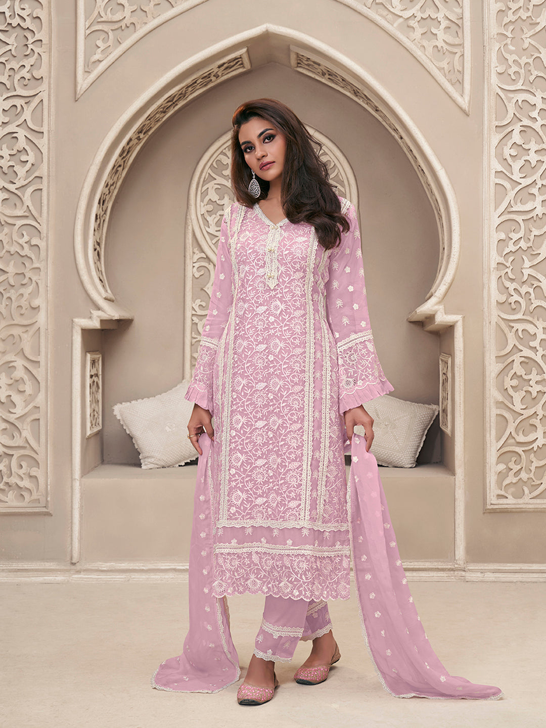 Light Lavender Kurta Set in Organza Fabric with Schiffli Work – Seerat ...