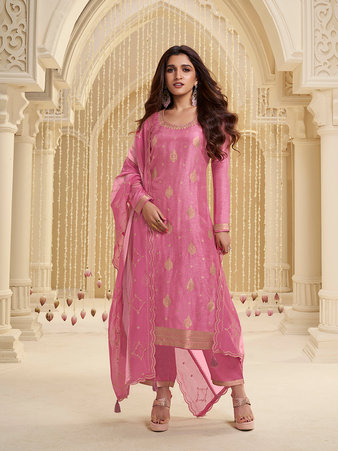 Pink Dola Ethnic Motifs Jacquard with Embroidered Kurta Suit Set ...